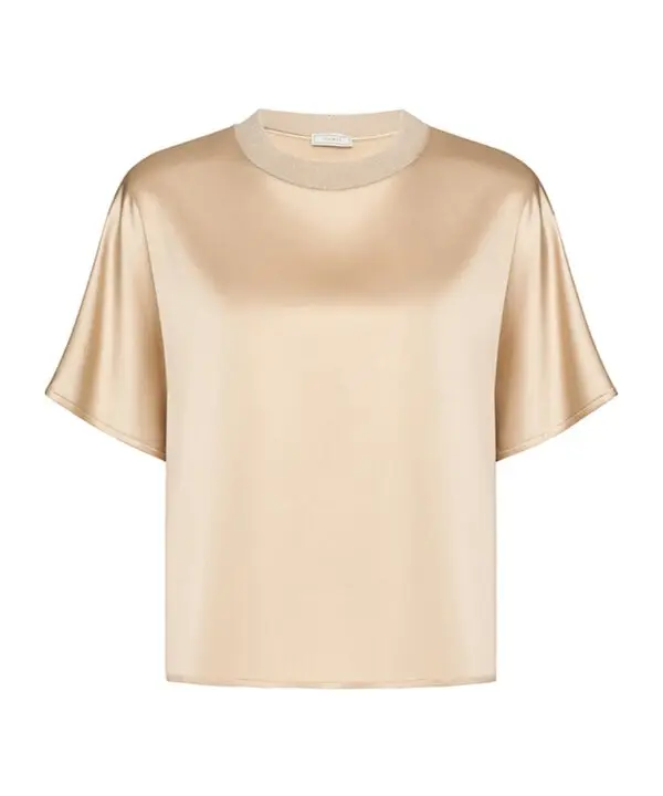 Peserico Satin Cropped Top With Shimmering Knit Crew Neck