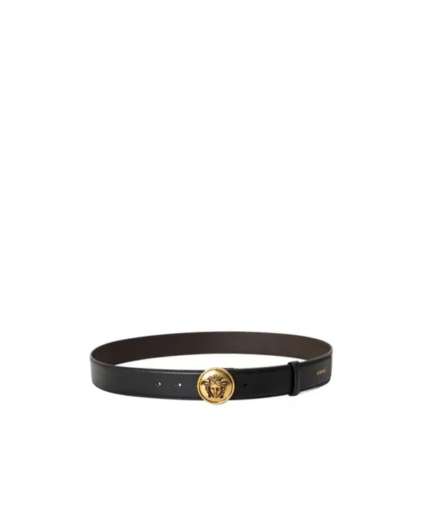 Versace Smooth Leather Belt With Golden Embossed Buckle - Black