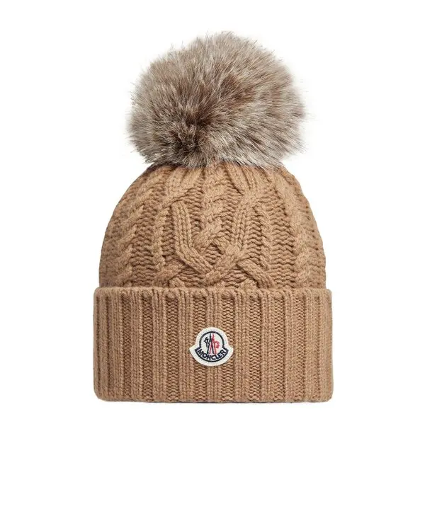Moncler Wool Cashmere Blend Beanie With Pom Pom - Beige