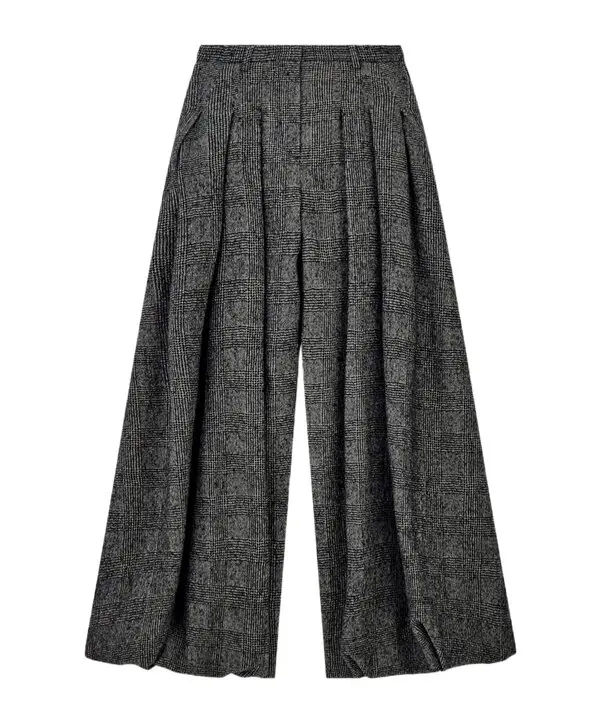 Emporio Armani Pleated Wide-leg Trousers In Washed Virgin Wool Check - Grey