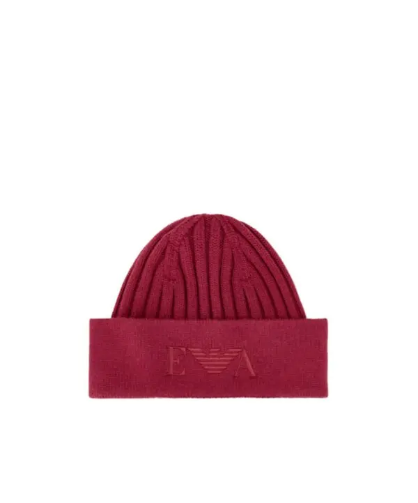 Emporio Armani Ribbed Virgin Wool Beanie With A Folded Cuff And Embroidery - Red