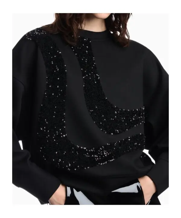 Emporio Armani Cropped Sequin Sweatshirt With A Round Neck And Dropped Shoulders
