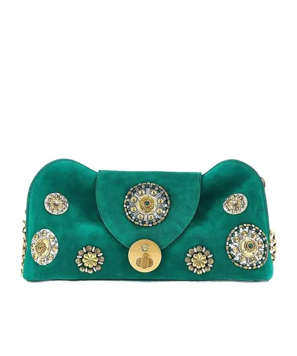 Versace Vivian Embroidered Crosta Suede Clutch