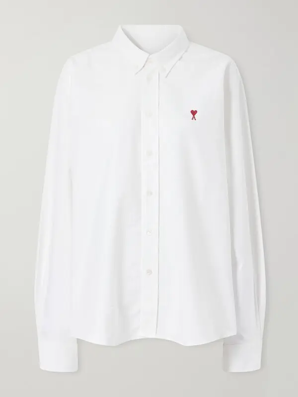 AMI Paris Embroidered Cotton Oxford Shirt - White