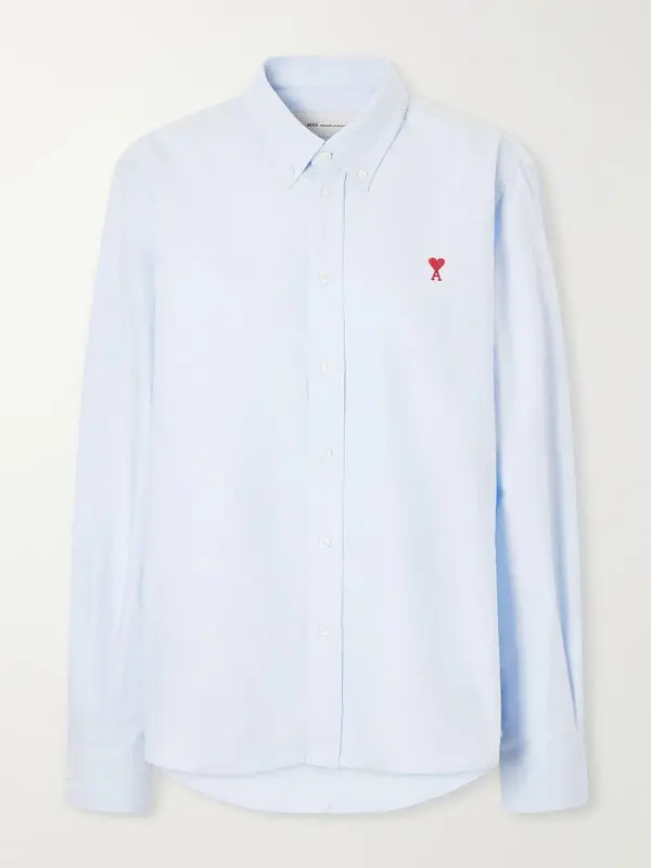 AMI Paris Embroidered Cotton Oxford Shirt - Blue
