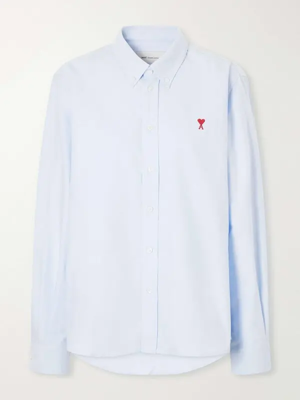 AMI Paris Adc Embroidered Cotton Oxford Shirt - Light Blue