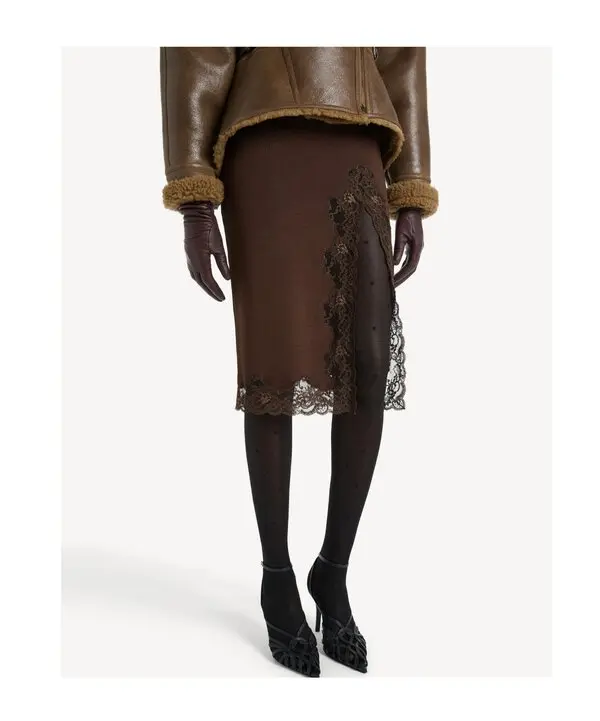 Balmain Knit Midi Skirt With Lace Trim - Brown