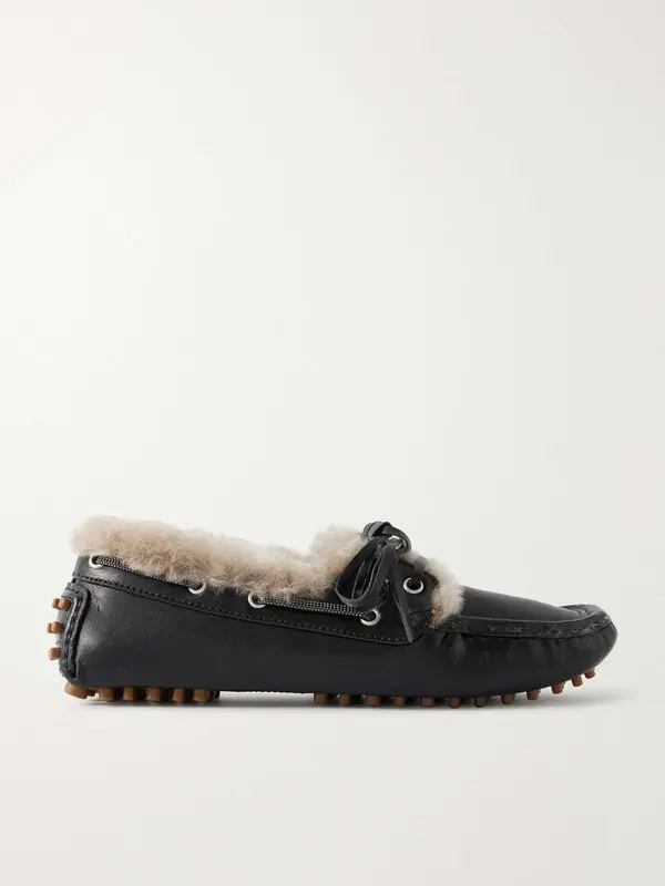 Brunello Cucinelli Bead-embellished Shearling-lined Leather Boat Shoes - Black