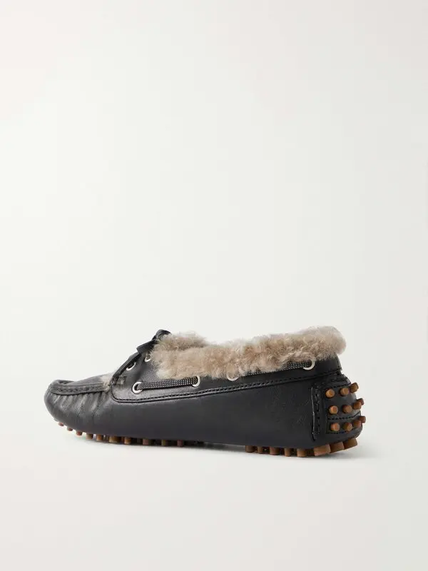 Brunello Cucinelli Bead-embellished Shearling-lined Leather Boat Shoes