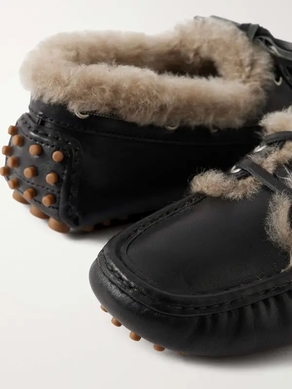 Brunello Cucinelli Bead-embellished Shearling-lined Leather Boat Shoes