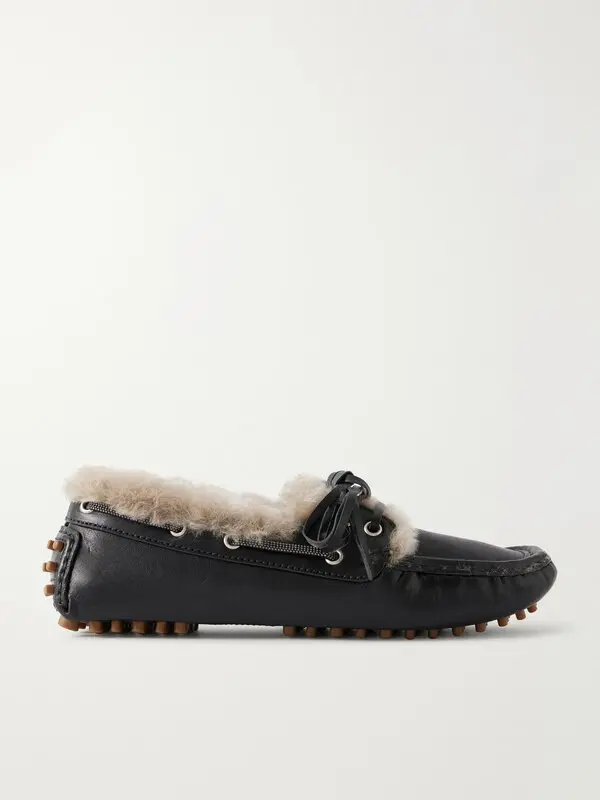 Brunello Cucinelli Bead-embellished Shearling-lined Leather Boat Shoes - Black