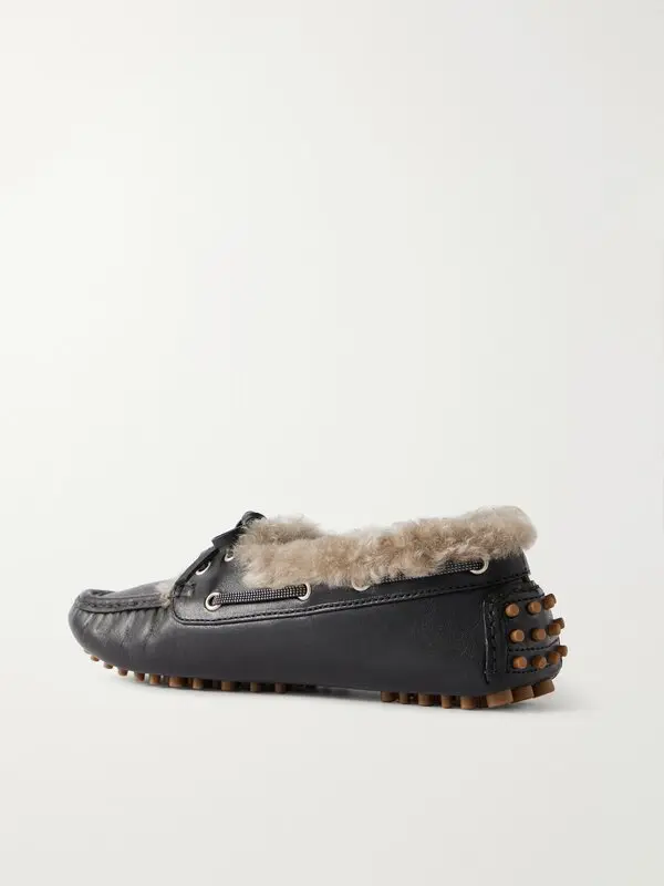 Brunello Cucinelli Bead-embellished Shearling-lined Leather Boat Shoes - Black