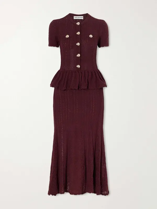 SELF-PORTRAIT Button-embellished Peplum Cotton Midi Dress - Burgundy