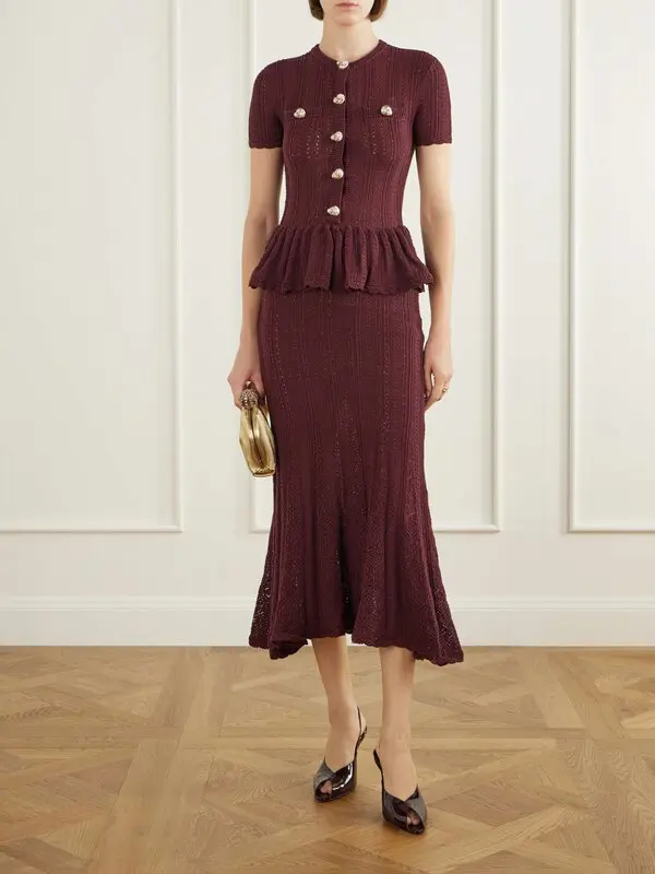 SELF-PORTRAIT Button-embellished Peplum Cotton Midi Dress