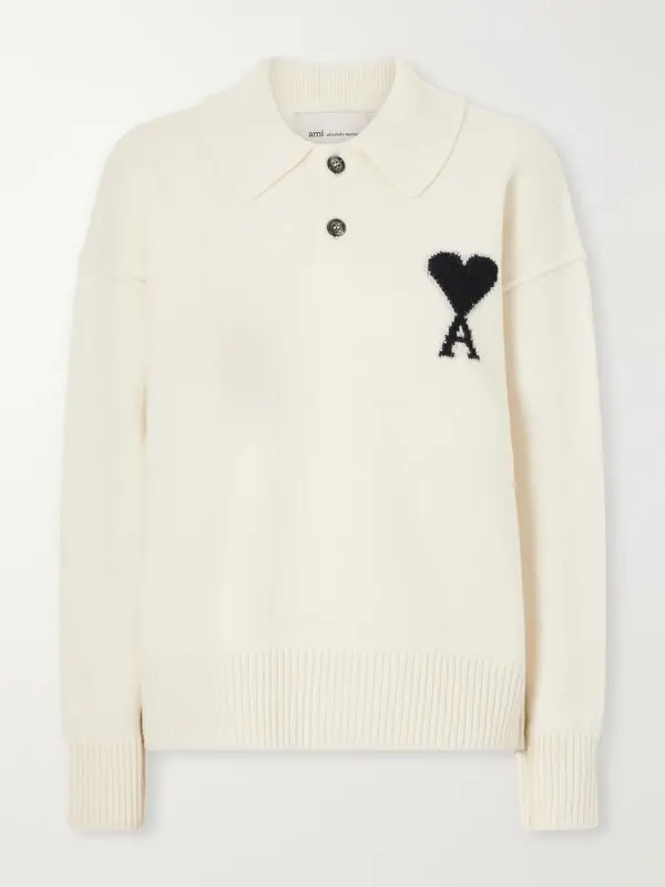 AMI Paris Intarsia Wool Polo Sweater - White