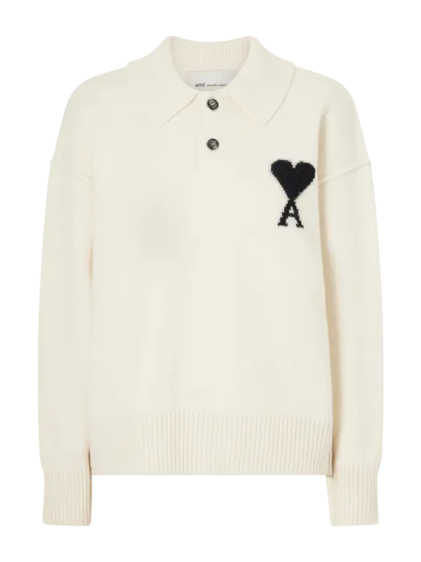 AMI Paris Intarsia Wool Polo Sweater - White