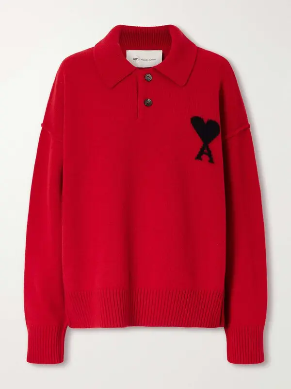 AMI Paris Virgin Wool-intarsia Polo Sweater
