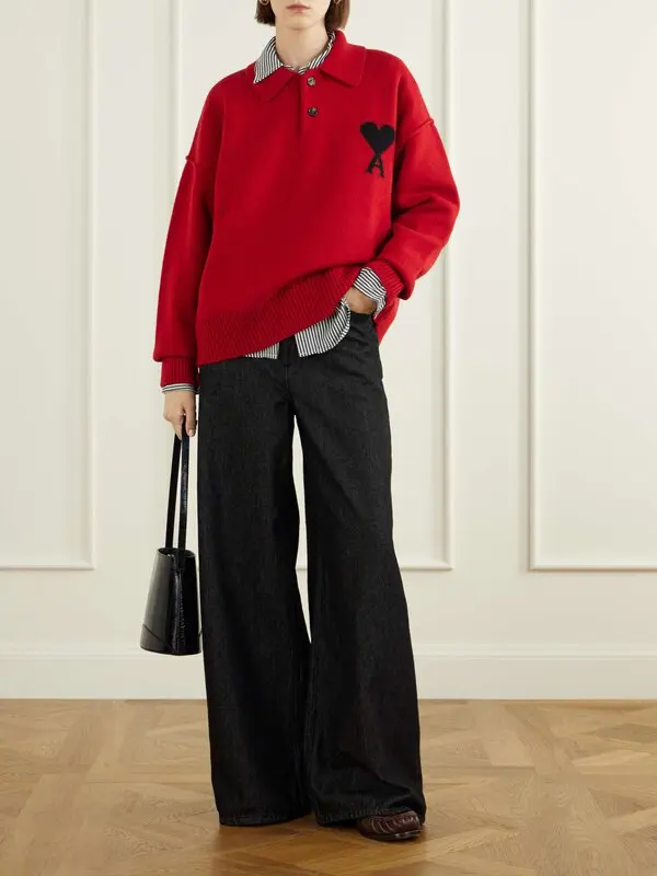 AMI Paris Virgin Wool-intarsia Polo Sweater
