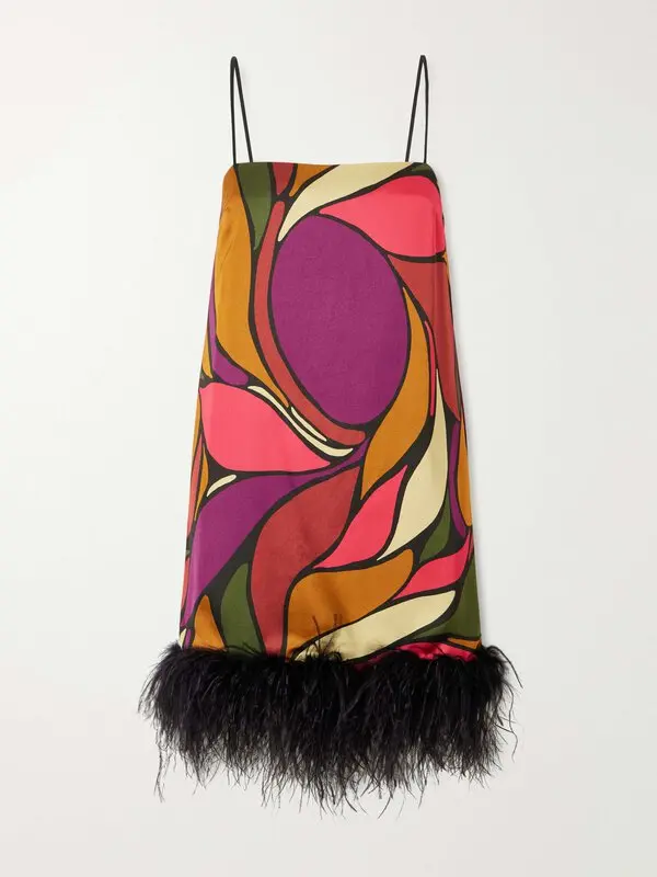 CALA DE LA CRUZ Feather-embellished Printed Satin Dress