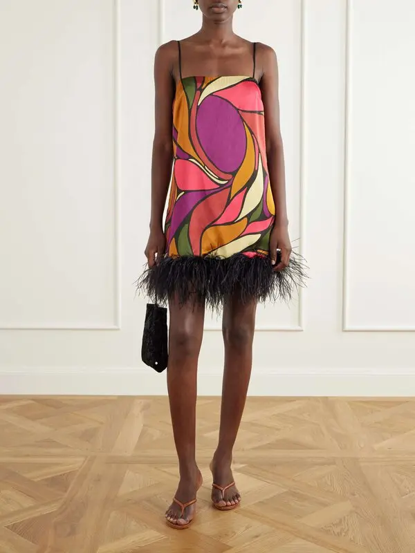 CALA DE LA CRUZ Feather-embellished Printed Satin Dress