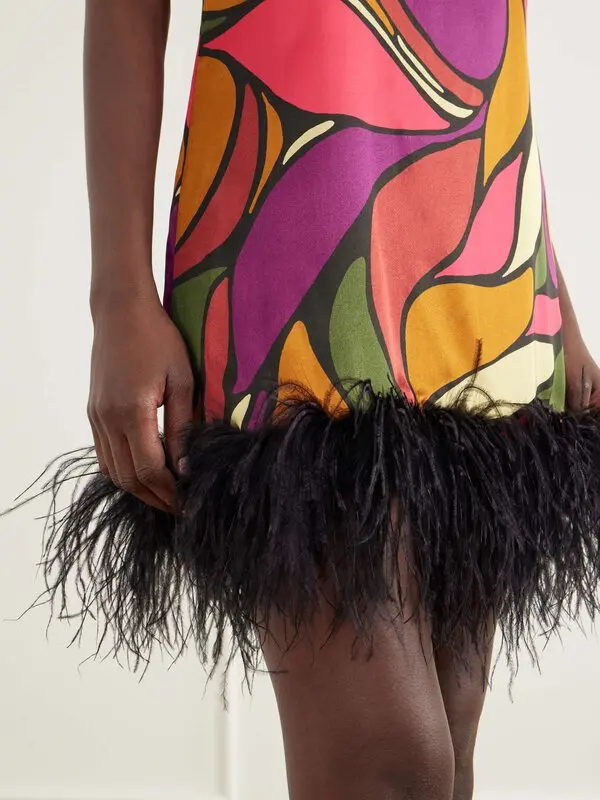 CALA DE LA CRUZ Feather-embellished Printed Satin Dress