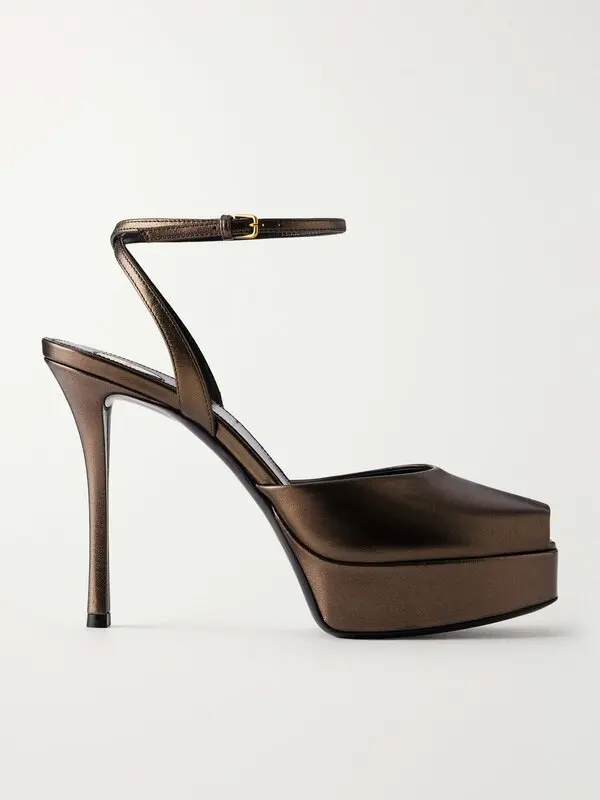 Saint Laurent La Scandale 115 Metallic Leather Platform Sandals - Brown