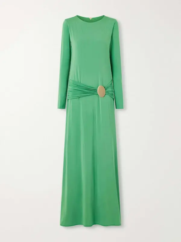 CALA DE LA CRUZ Embellished Gathered Stretch-jersey Maxi Dress