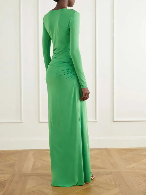 CALA DE LA CRUZ Embellished Gathered Stretch-jersey Maxi Dress