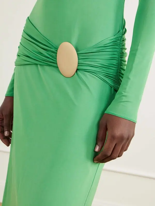 CALA DE LA CRUZ Embellished Gathered Stretch-jersey Maxi Dress