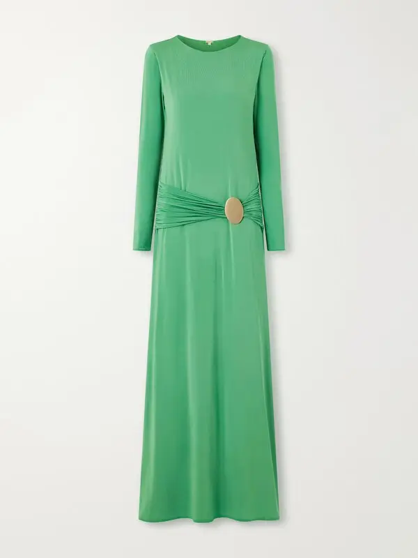 CALA DE LA CRUZ Embellished Gathered Stretch-jersey Maxi Dress - Green