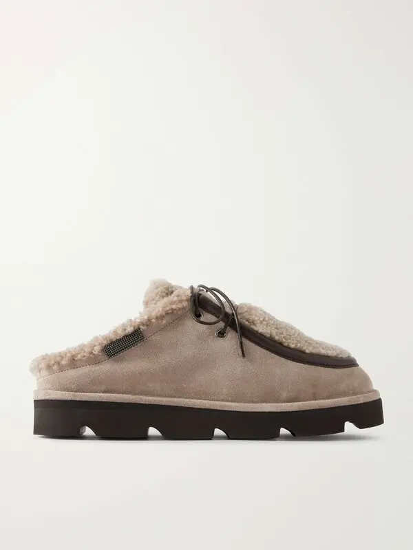 Brunello Cucinelli Shearling-trimmed Suede Clogs - Taupe