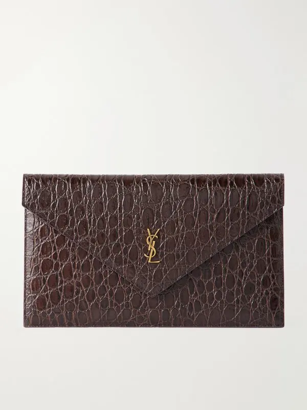 Saint Laurent Logo Detailed Croc-effect Leather Clutch - Brown