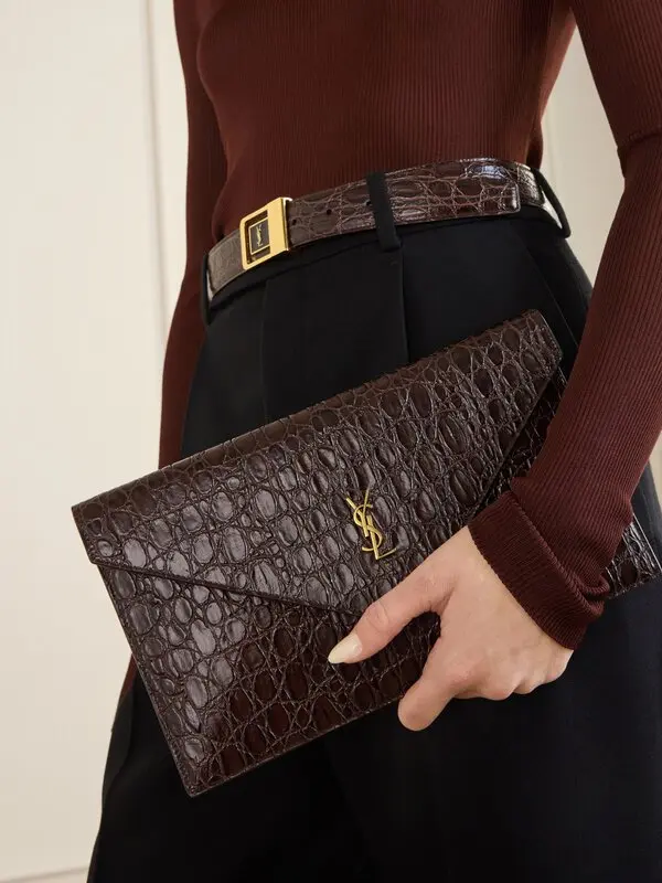 Saint Laurent Logo Detailed Croc-effect Leather Clutch - Brown