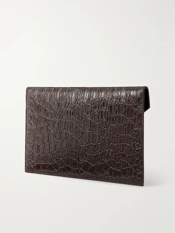 Saint Laurent Logo Detailed Croc-effect Leather Clutch - Brown