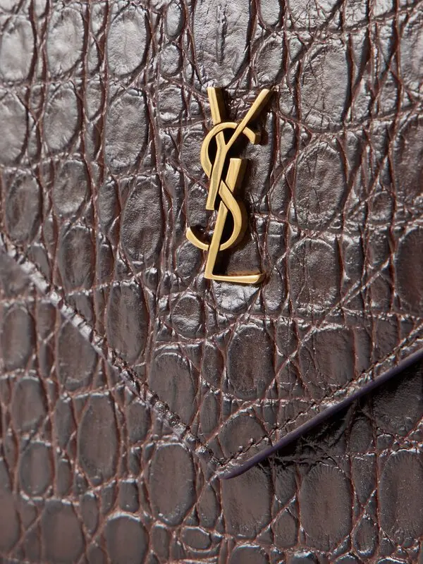 Saint Laurent Logo Detailed Croc-effect Leather Clutch - Brown