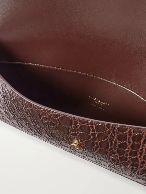 Saint Laurent Logo Detailed Croc-effect Leather Clutch - Brown