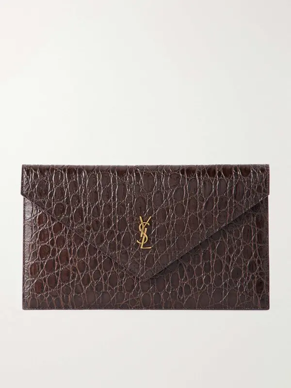 Saint Laurent Paris Logo-detailed Croc-effect Leather Clutch - Dark Brown