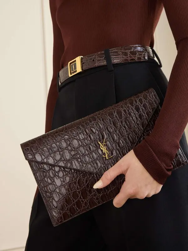 Saint Laurent Paris Logo-detailed Croc-effect Leather Clutch