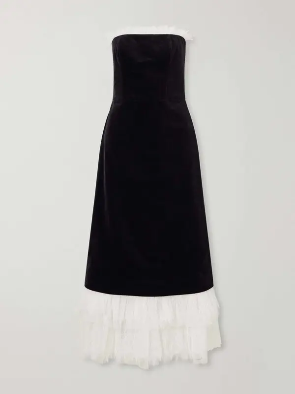 Costarellos Isabetta Strapless Tulle And Lace-trimmed Cotton-velvet Midi Dress - Black