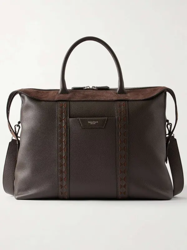 SERAPIAN Suede-trimmed Full-grain Leather Briefcase - Brown