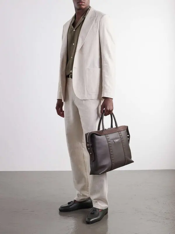 SERAPIAN Suede-trimmed Full-grain Leather Briefcase
