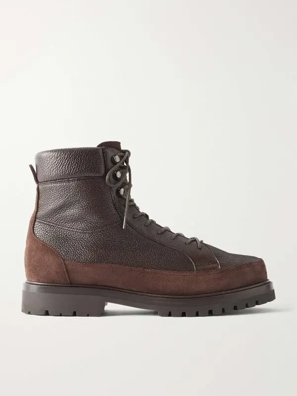 Brunello Cucinelli Shearling-lined Suede-trimmed Textured-leather Lace-up Boots - Dark Brown