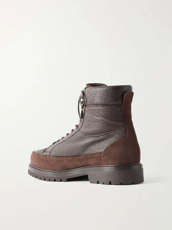 Brunello Cucinelli Shearling-lined Suede-trimmed Textured-leather Lace-up Boots