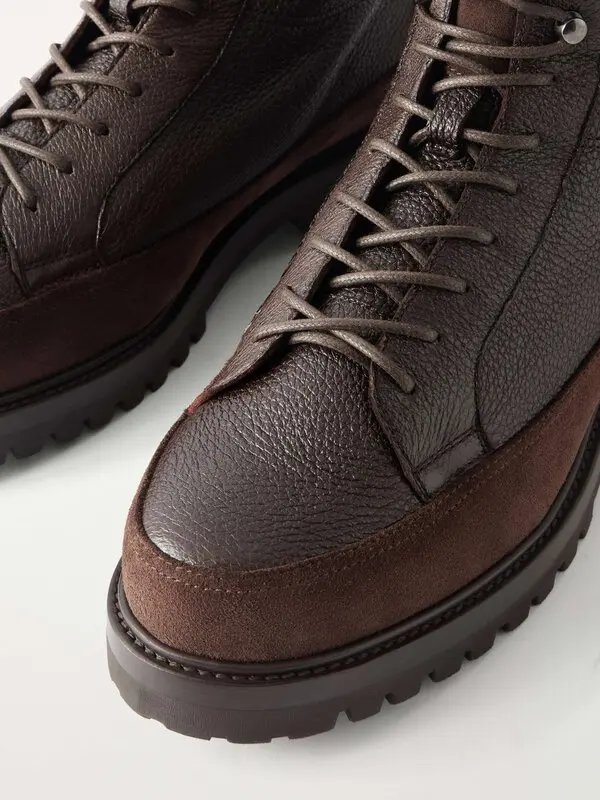Brunello Cucinelli Shearling-lined Suede-trimmed Textured-leather Lace-up Boots