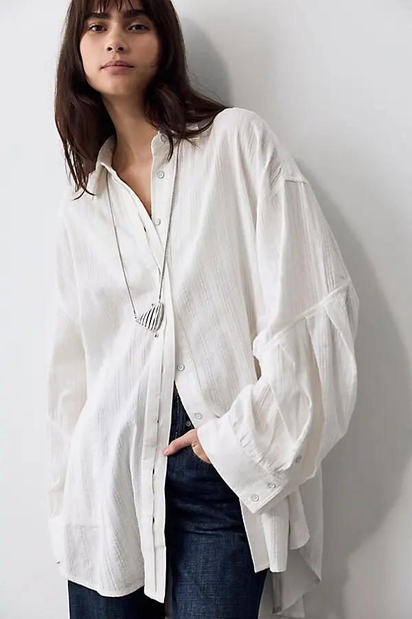 Free People We The Free Selene Dobby Button Down Shirt - Ivory