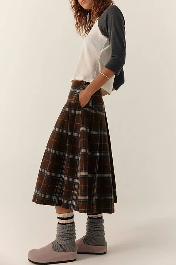 Free People We The Free Skipper Pleated Plaid Midi Skirt - Chocolate Combo