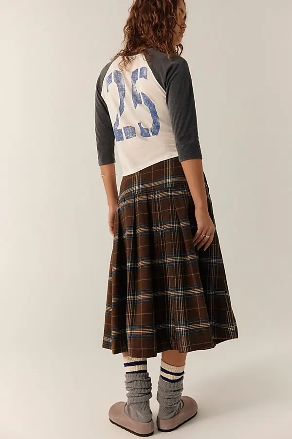 Free People We The Free Skipper Pleated Plaid Midi Skirt - Chocolate Combo