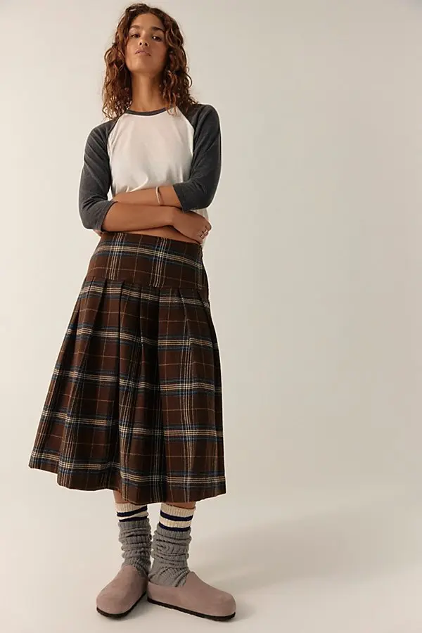 Free People We The Free Skipper Pleated Plaid Midi Skirt - Chocolate Combo