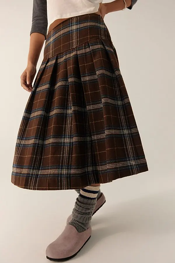 Free People We The Free Skipper Pleated Plaid Midi Skirt - Chocolate Combo