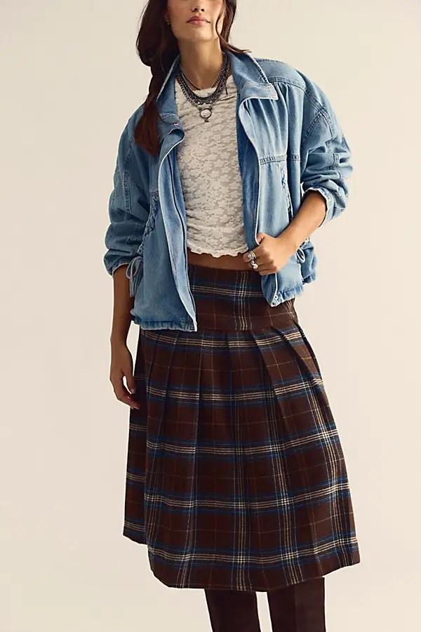 Free People We The Free Skipper Pleated Plaid Midi Skirt - Chocolate Combo
